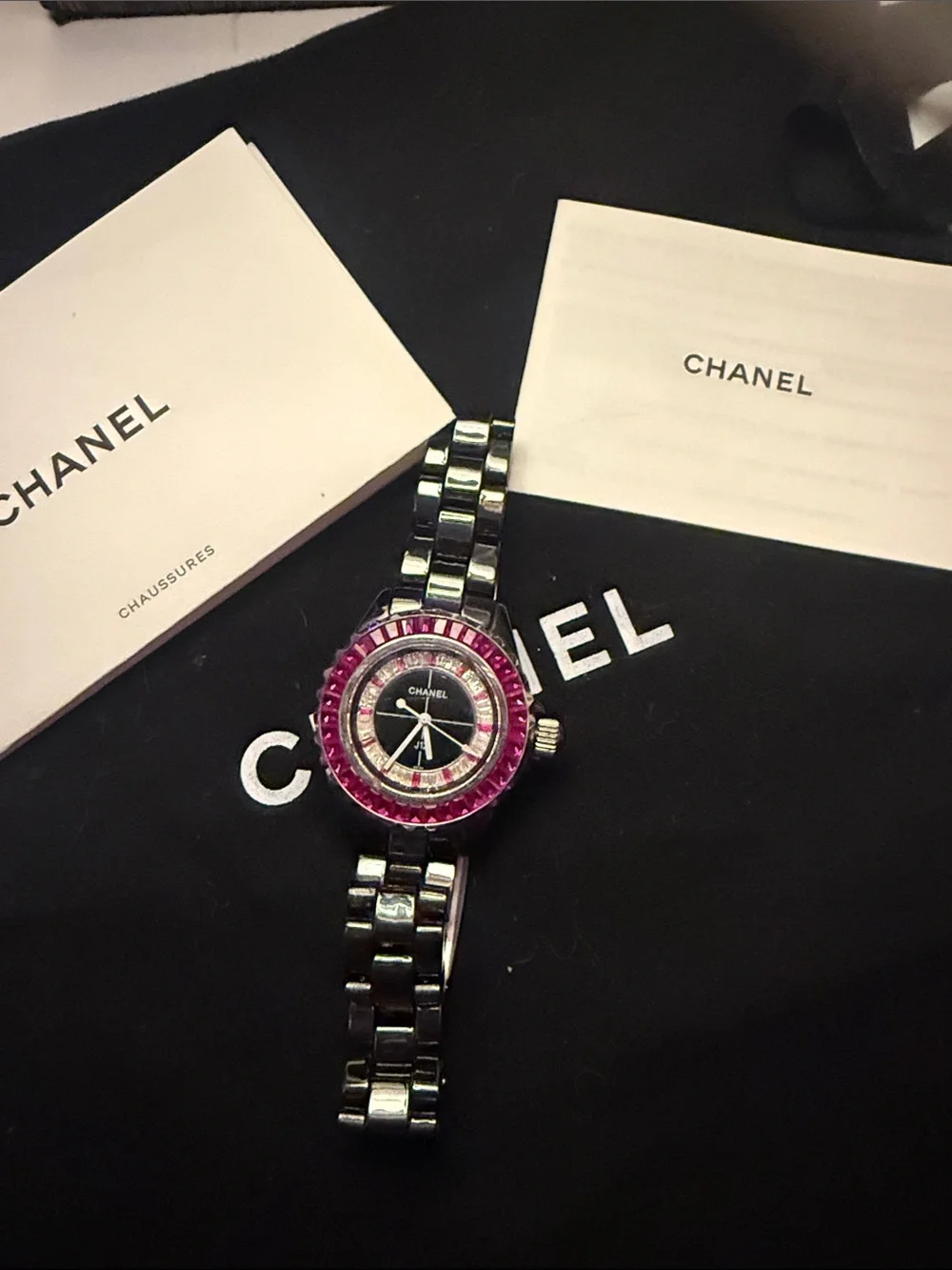 CHANEL | Accessories | Chanel Black Dial Watch With Pink Gemstone Bezel ...